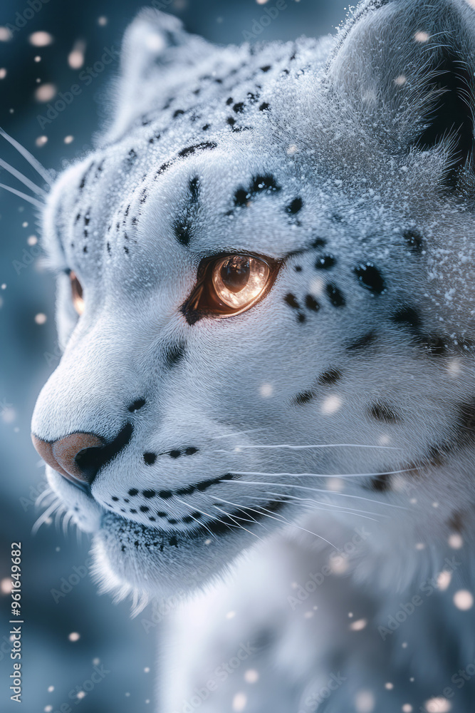 Stylized, abstract snow leopards with glowing spots in white, gray, and ...
