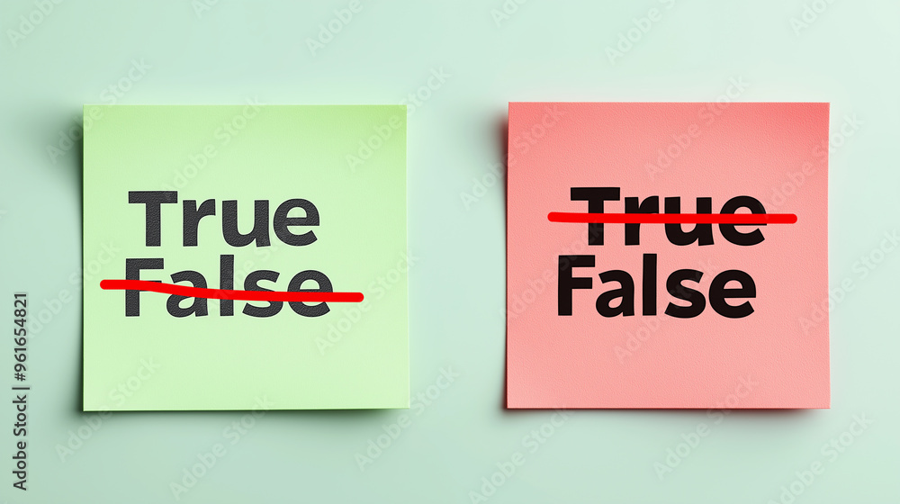 True and false check marks on sticky notes, concept of right and wrong ...