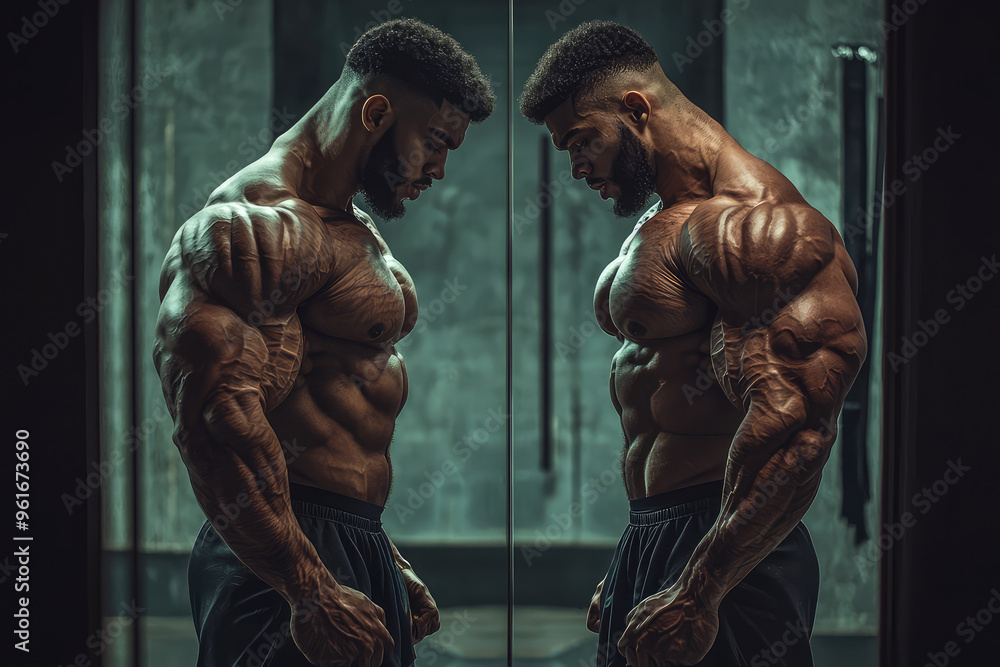 The Reflection of Strength: A Bodybuilder Gazes at His Hard-Earned ...
