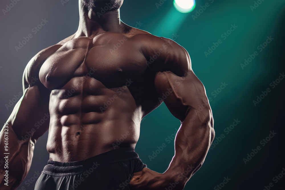 Defined Muscles: A Bodybuilder Flexes His Abs On Stage, Illuminated By ...