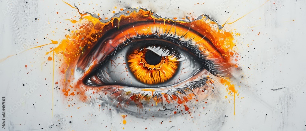 A painting of an eye with splatters of orange and yellow paint above ...