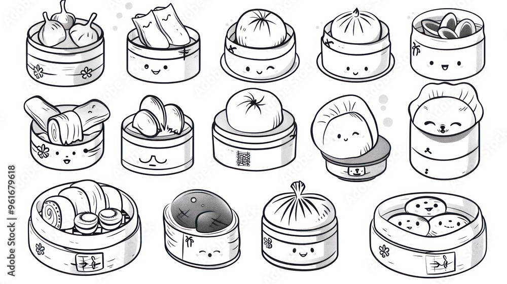 Cute cartoon illustration of various dim sum dishes in bamboo steamers ...