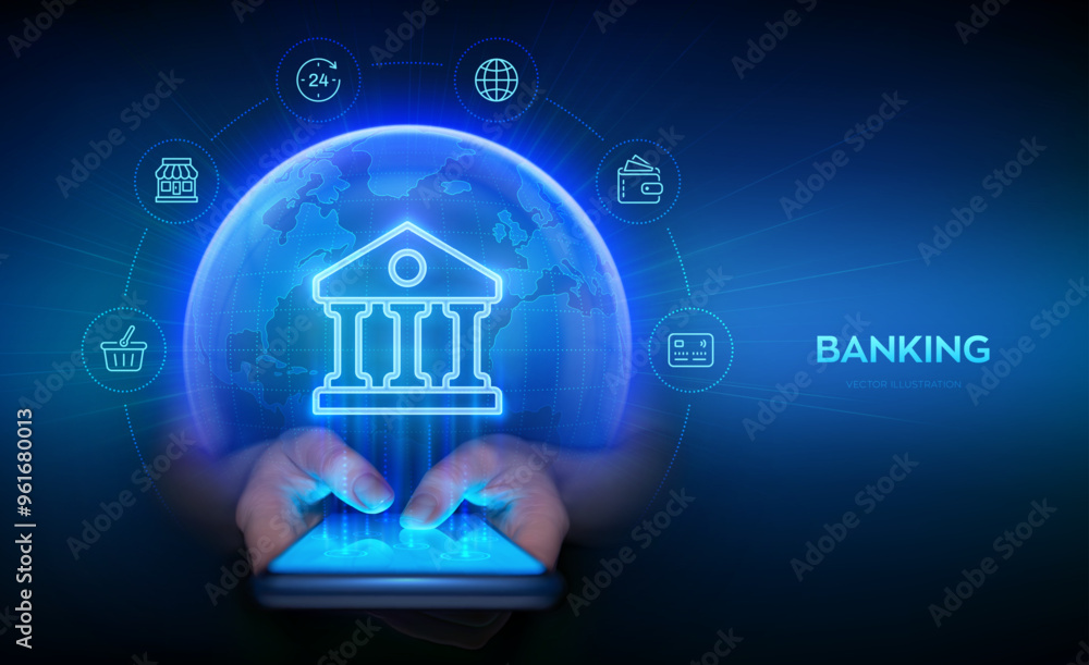 Banking service. Using a online banking app on smartphone. Finance and ...