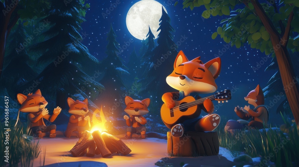 Cute cartoon fox playing a guitar under a bright moonlit sky, with a ...