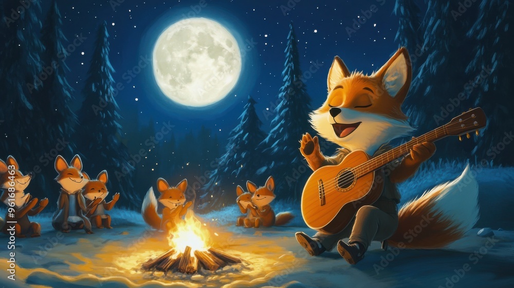 Cute cartoon fox playing a guitar under a bright moonlit sky, with a ...
