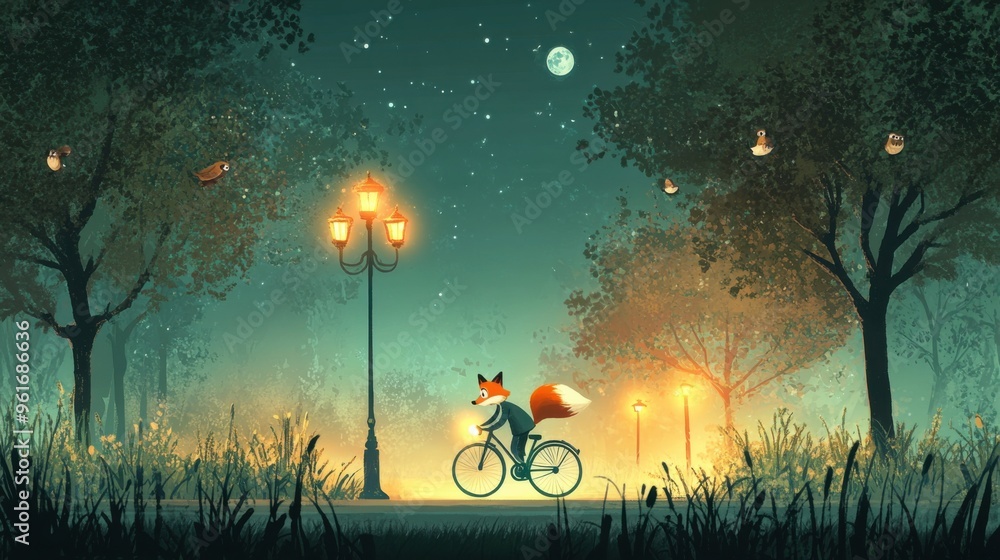 Cute cartoon fox riding a glowing bicycle through a quiet, moonlit park ...