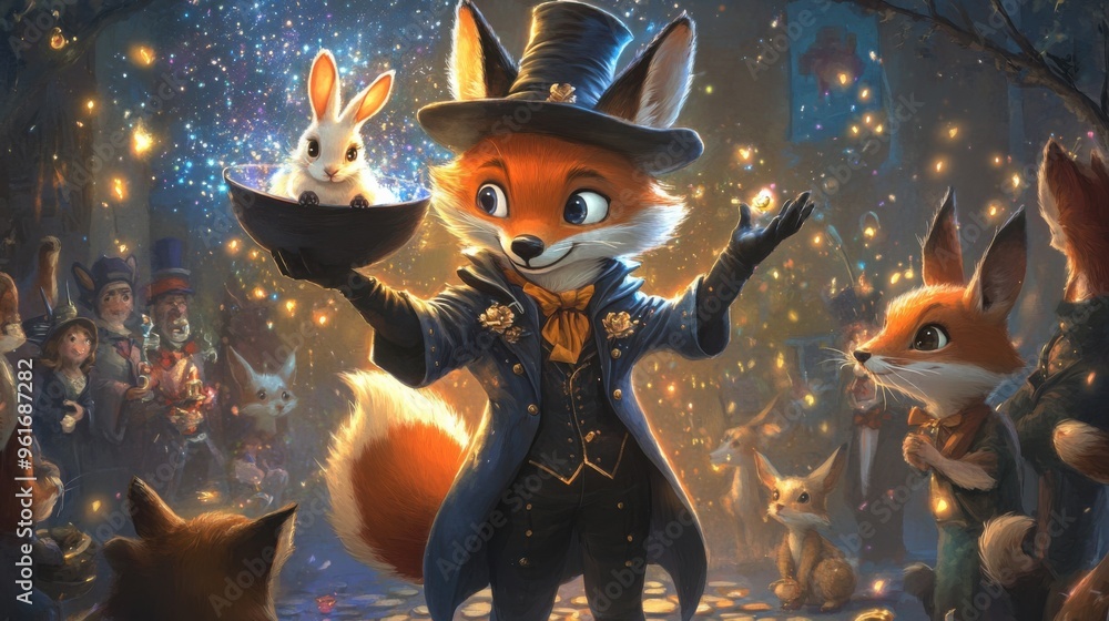 Playful cartoon fox dressed as a magician, pulling a rabbit out of a ...