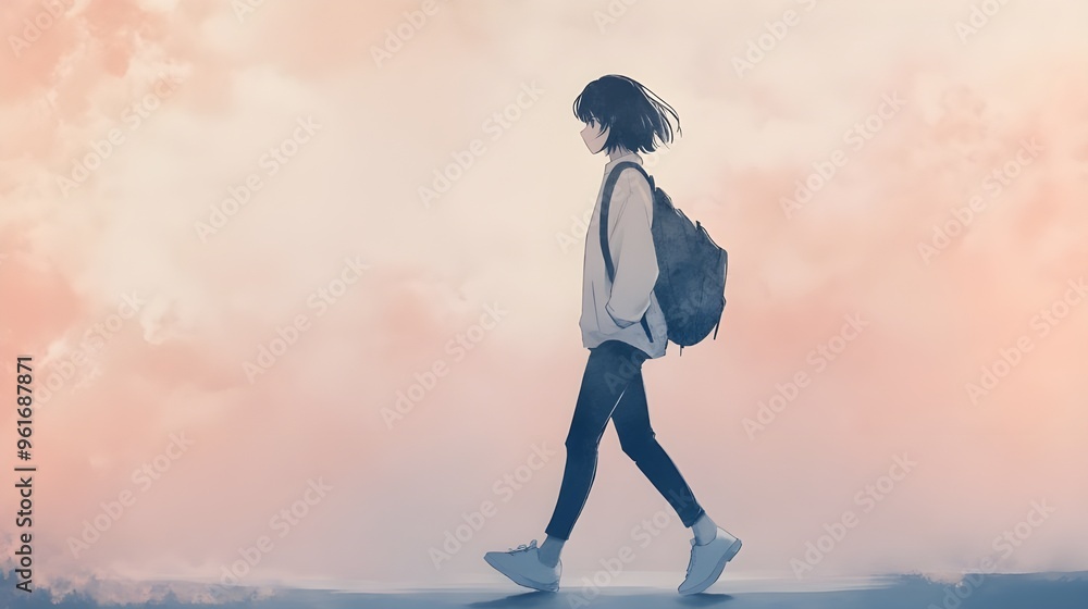 An anime character walks calmly, depicted with smooth, minimal lines ...