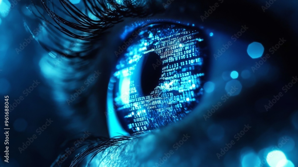 Animated human eye with multiple colors, scattering out of a bright ...