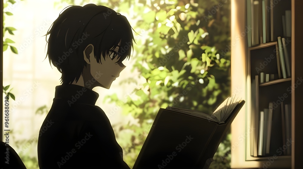 An anime character is shown reading a book, with the scene reduced to ...