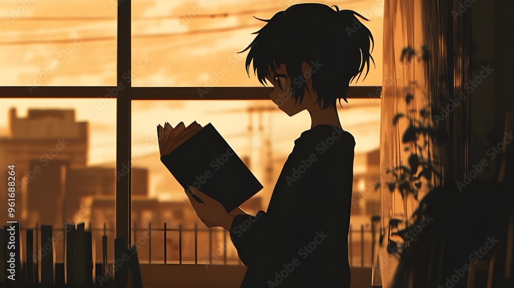 An anime character is shown reading a book, with the scene reduced to ...