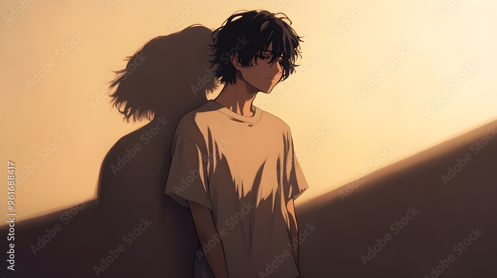 An anime character is shown in a gentle pose, such as leaning against a ...