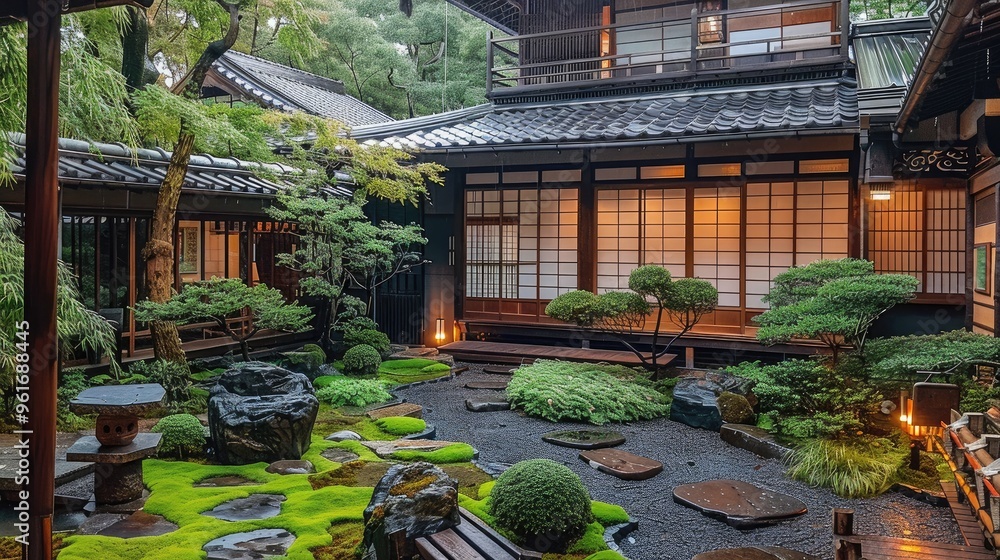 Japanese style courtyard with a stone garden and green plants, black ...