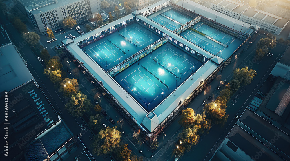 Aerial high view, three futsal courts are installed on the roof of a ...