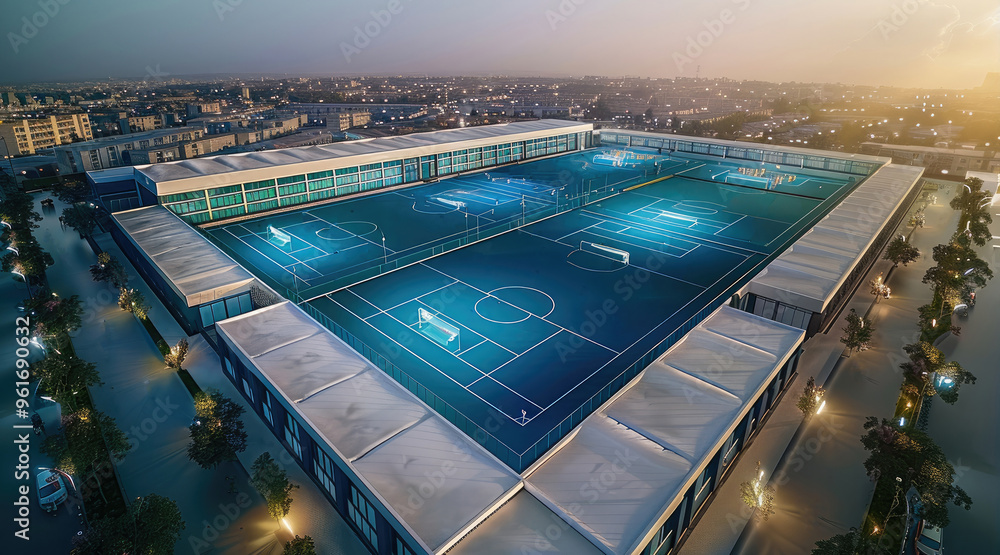 Aerial high view, three futsal courts are installed on the roof of a ...