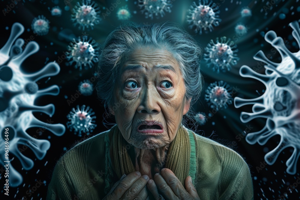Vulnerable elderly woman panicking middle of health epidemic. Old asian ...