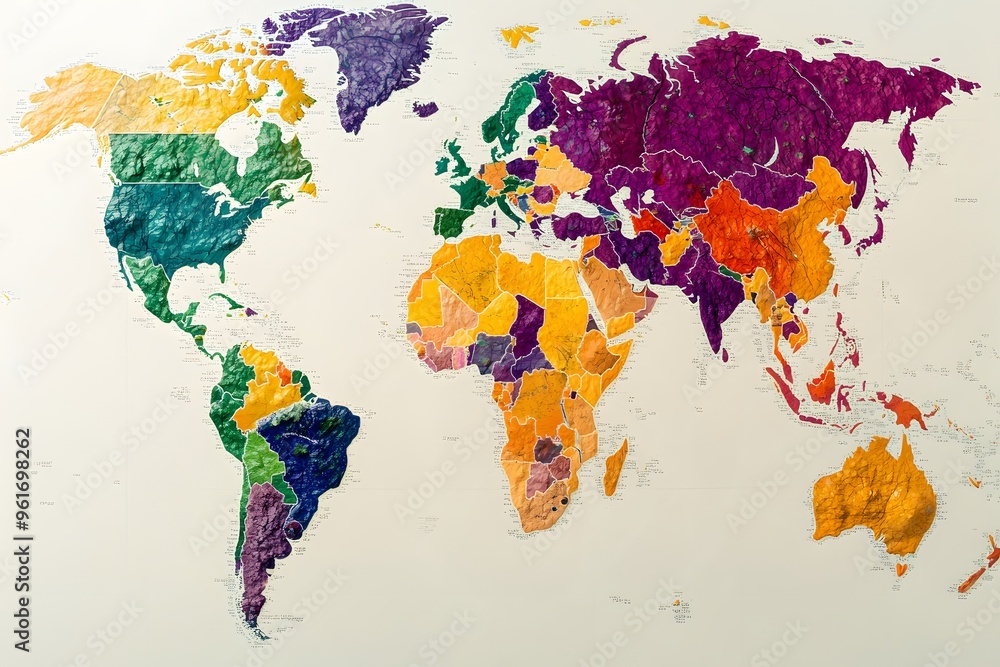 World Map Composed of Crumpled Paper with Different Colored Regions ...