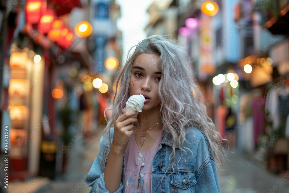 Whimsical girl dressed casually showing peaceful smile. Joyful girl ...