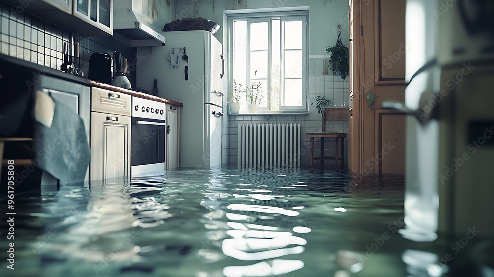 A kitchen floor covered in standing water from a leak, with visible ...