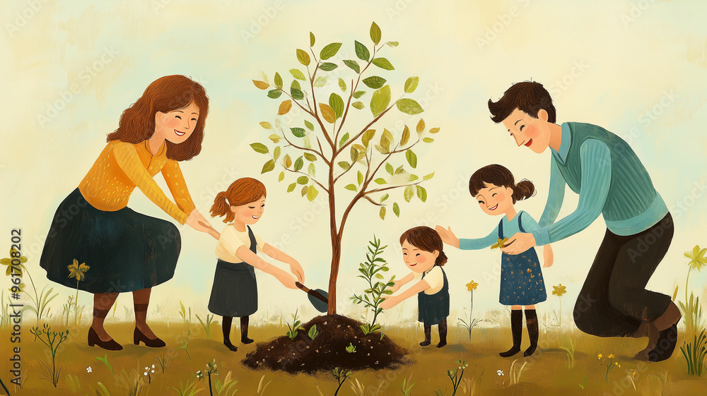 Illustration of a family planting a tree in celebration of Tu Bishvat ...