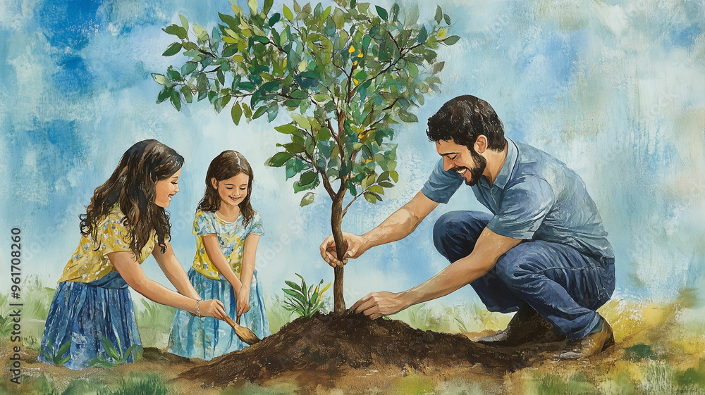 Illustration of a family planting a tree in celebration of Tu Bishvat ...