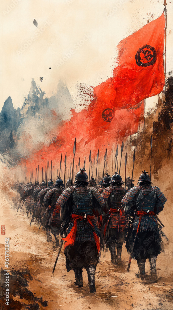 Depictions of samurai armies marching or preparing for battle ...