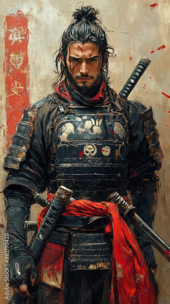 Depictions of samurai preparing for battle, adjusting their armor and ...