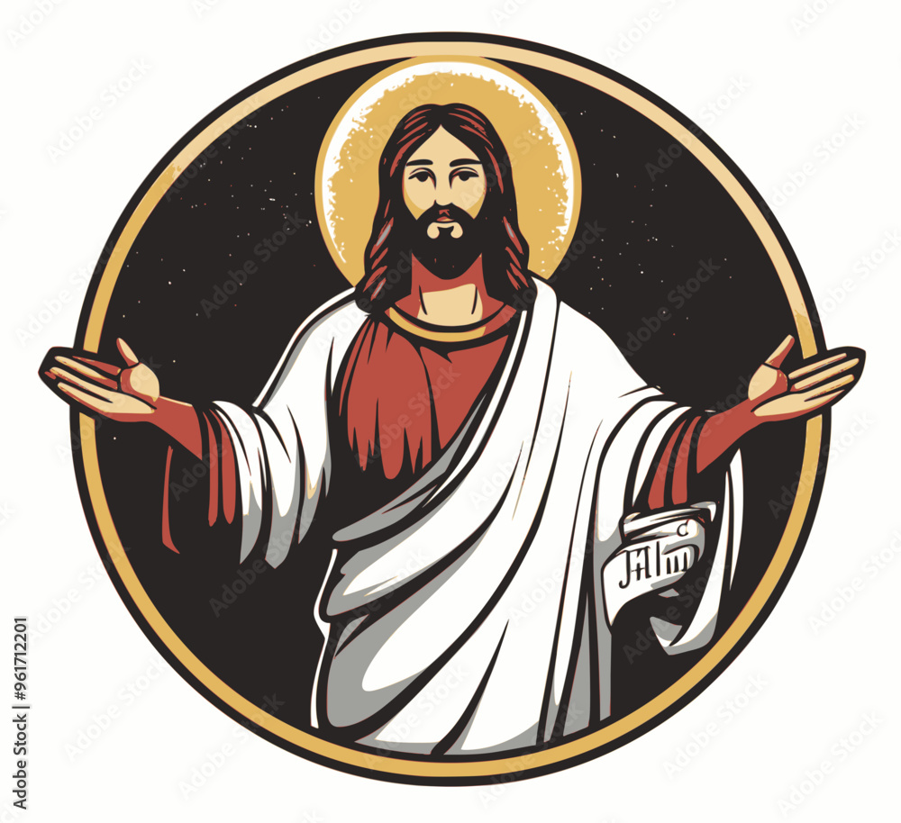 Logo of Jesus with outstretched arms inside a golden circle, in a ...