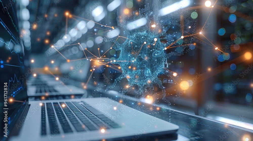 A laptop and a PC both super modern controlled by a neuron chip. The ...