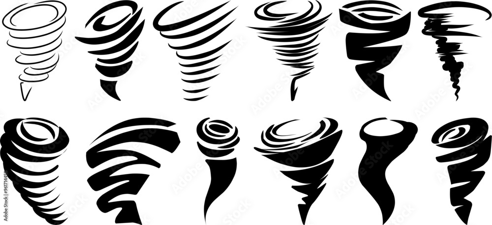 Collection of stylized tornado vector illustrations, featuring various dynamic whirlwind and ...