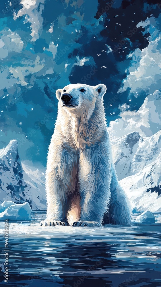 Digital art style, a polar bear illustrated with crisp, clean lines and ...