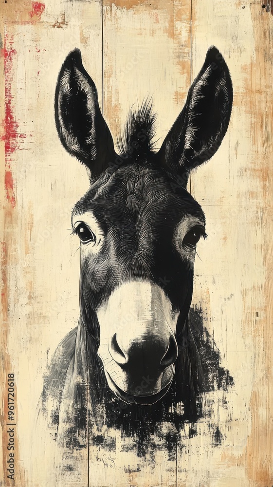 Woodblock print style, a donkey shown with bold, graphic lines and ...