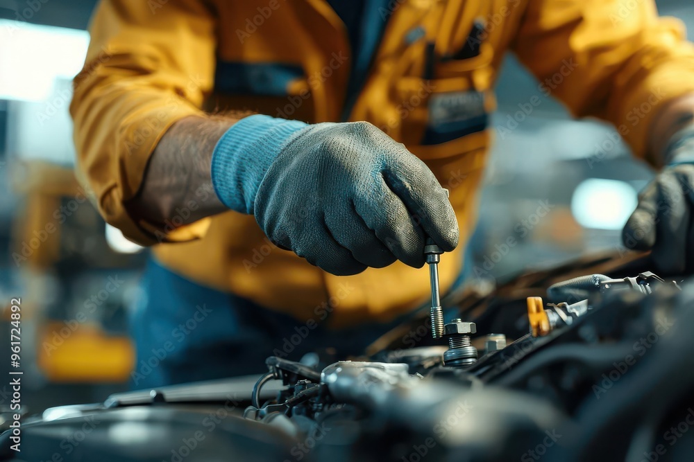 Mechanic tightening a bolt on a car engine during a maintenance ...