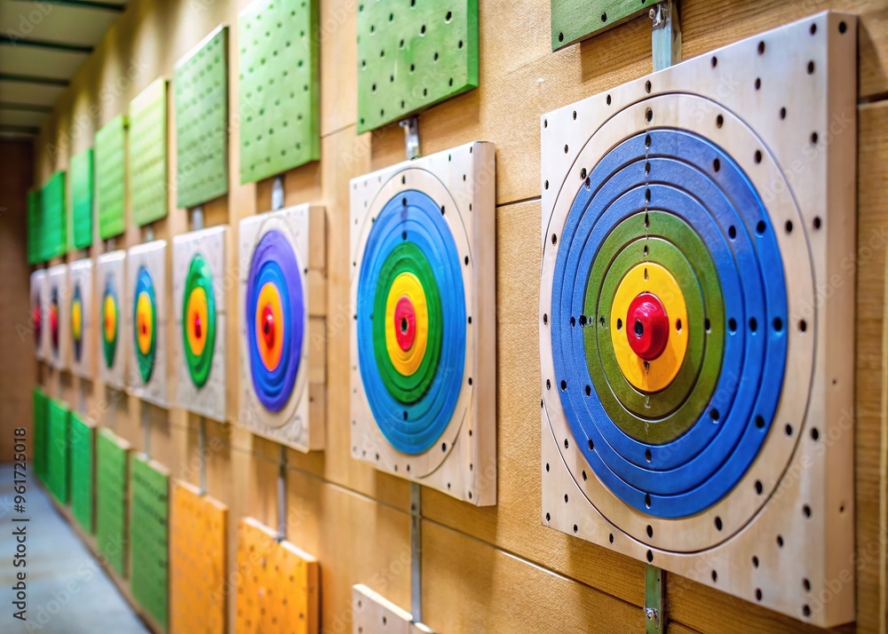 Colorful paper targets with bullet holes and score rings line the wall ...