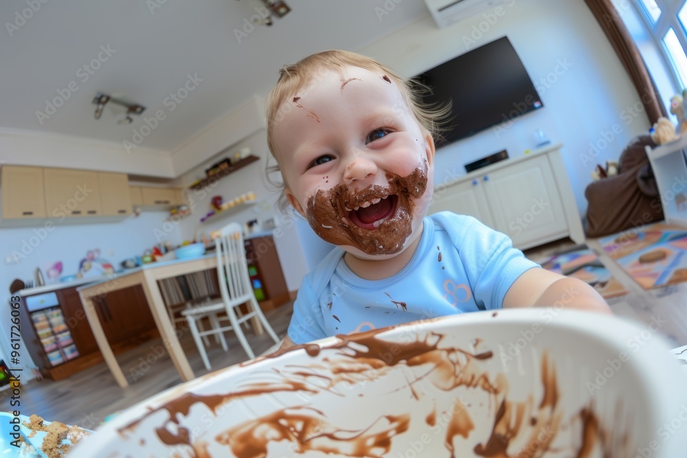 Adorable baby innocence and beauty appears to be smiling joyfully ...