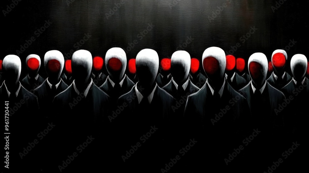 Surreal artwork depicting faceless figures in suits with striking red ...