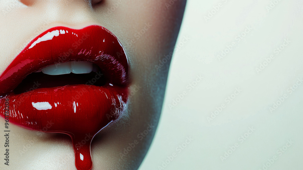 A woman's red lips are shiny with lip gloss, and some of the gloss is dripping down her chin ...