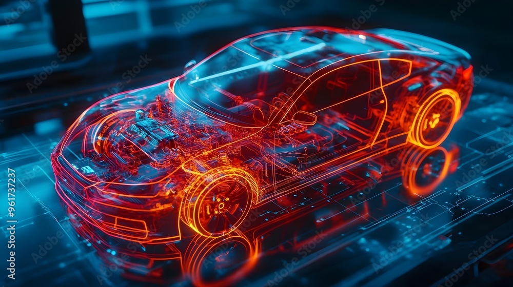 Digital hologram showcasing the intricate layout and circuitry of a car ...