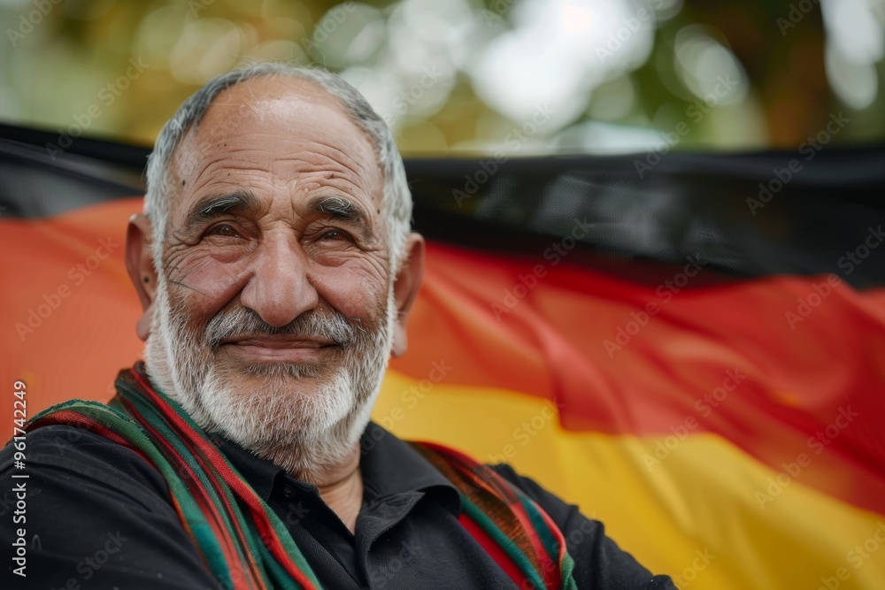 Wrinkled joy senior man germany flag held high cultural pride evident ...
