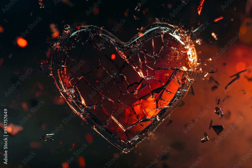 Shattered red heart sculpture with sparkling fragments in a dark ...