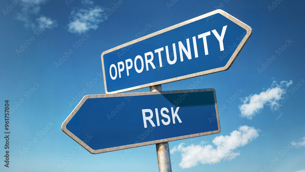 Two directional road signs with opportunity and risk options, symbolic ...