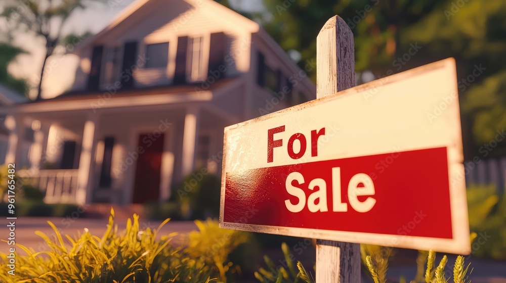 For sale sign standing outside a beautiful suburban home Stock Photo ...