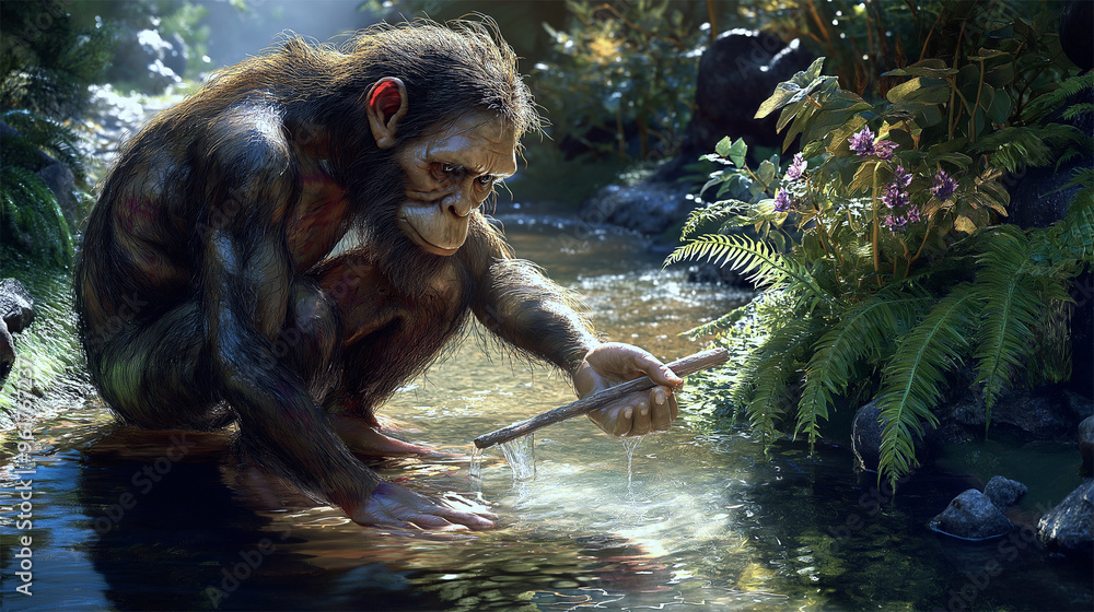 Australopithecus africanus using tool by water, realistic depiction of ...