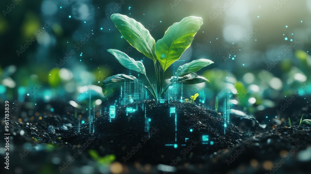 Conceptual illustration of tech plant growth Representing the fusion of ...