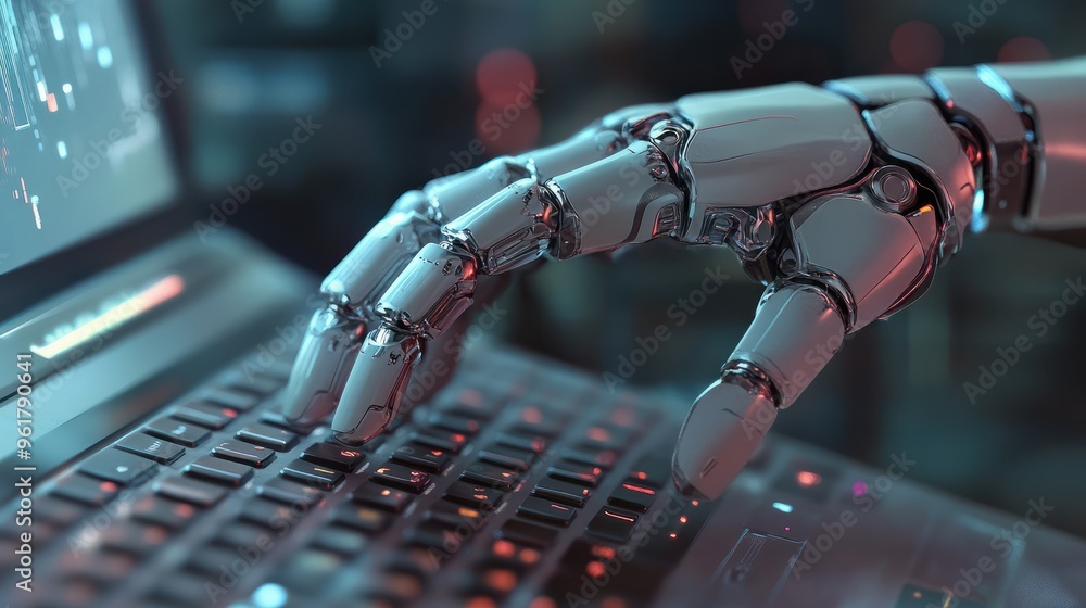 Robot hand typing on the computer. The concept of artificial ...