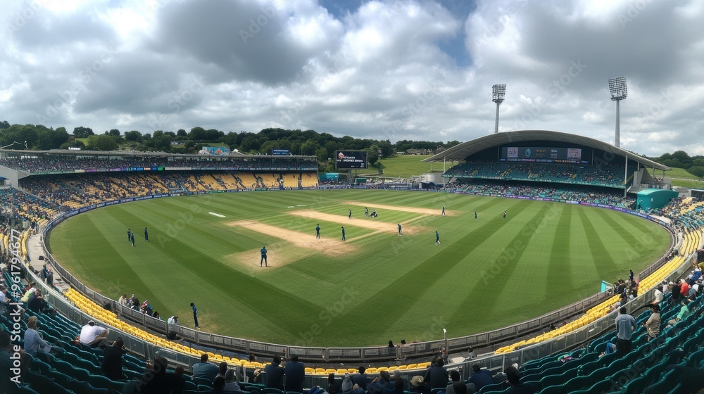 Wide view of cricket stadium during match. Cricket match in progress at ...