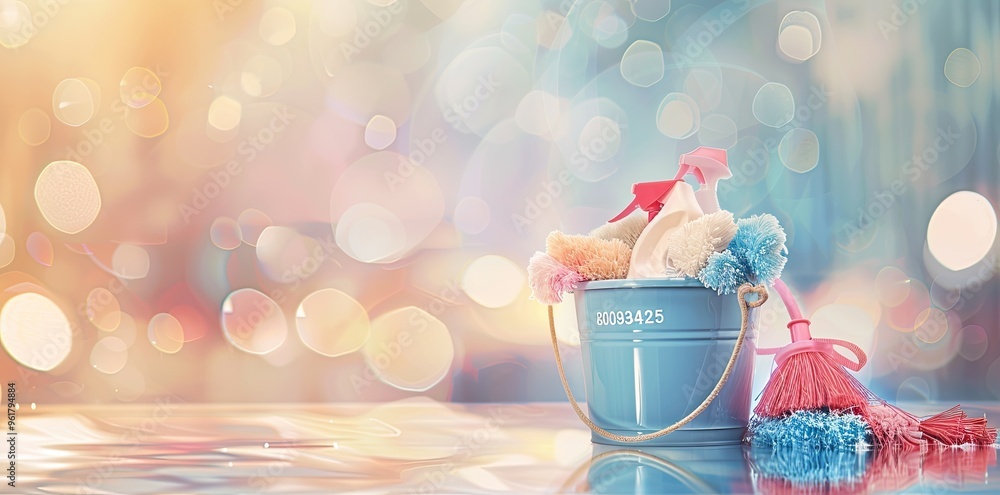 cleaning supplies in a bucket on a blurred background, stock photo ...