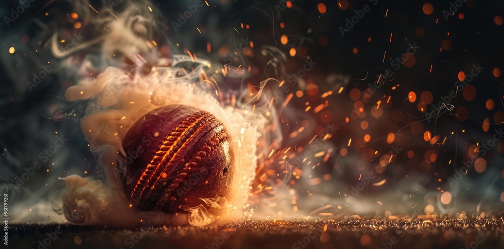 Red cricket ball on fire with smoke and black background, banner design ...