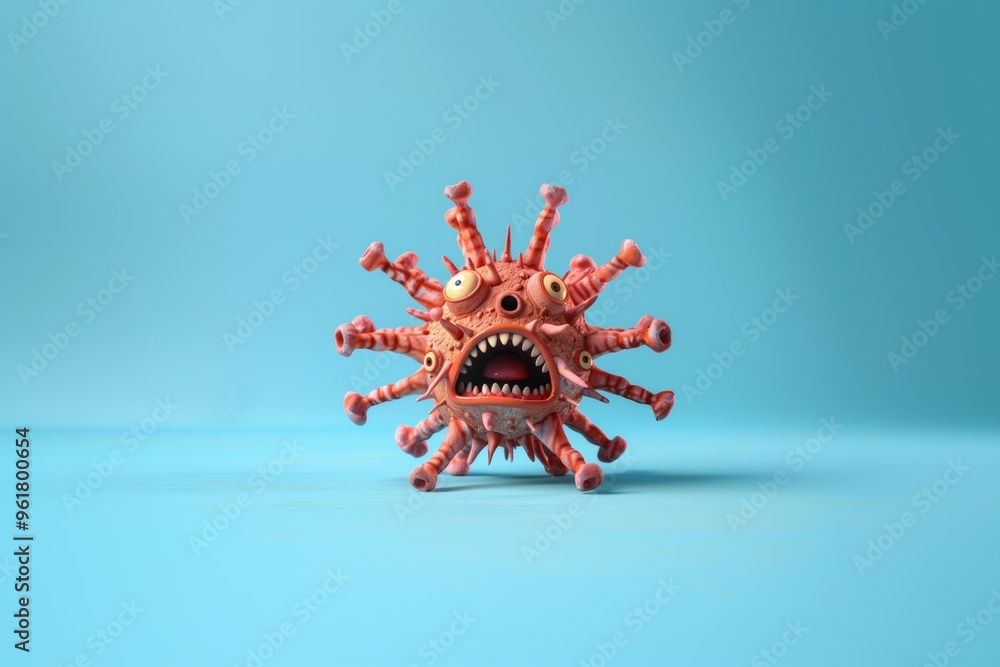 Scared virus reflects fear vulnerability blue background. Single virus ...