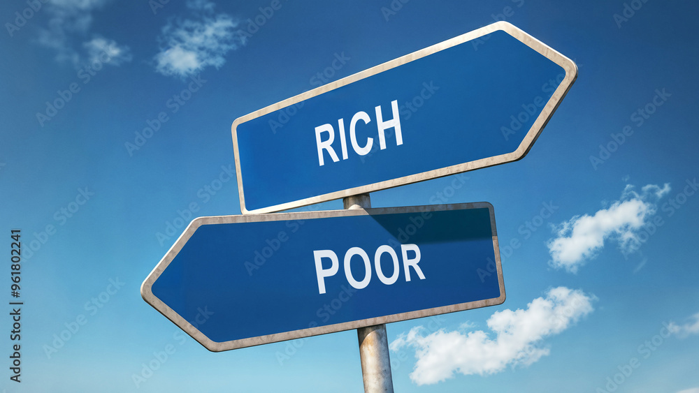 Two directional road signs with rich and poor options, symbolic ...